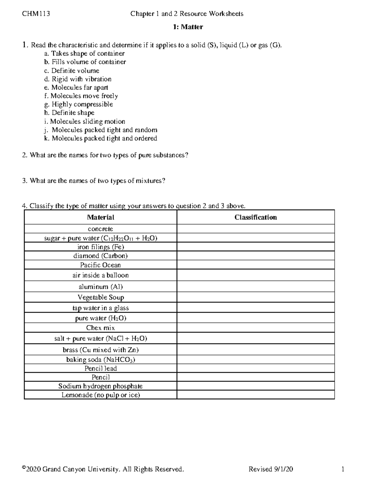 Chapter 1 and 2 - ..... - 1 : Matter 1. Read the characteristic and ...
