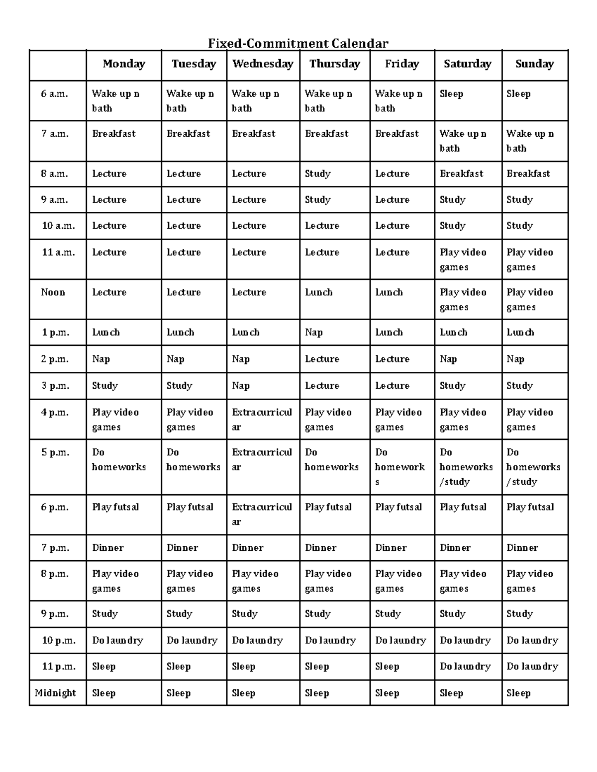 3-Fixed-Commitment Calendar Topic 3 (Weekly) - Fixed-Commitment Calendar Monday Tuesday ...