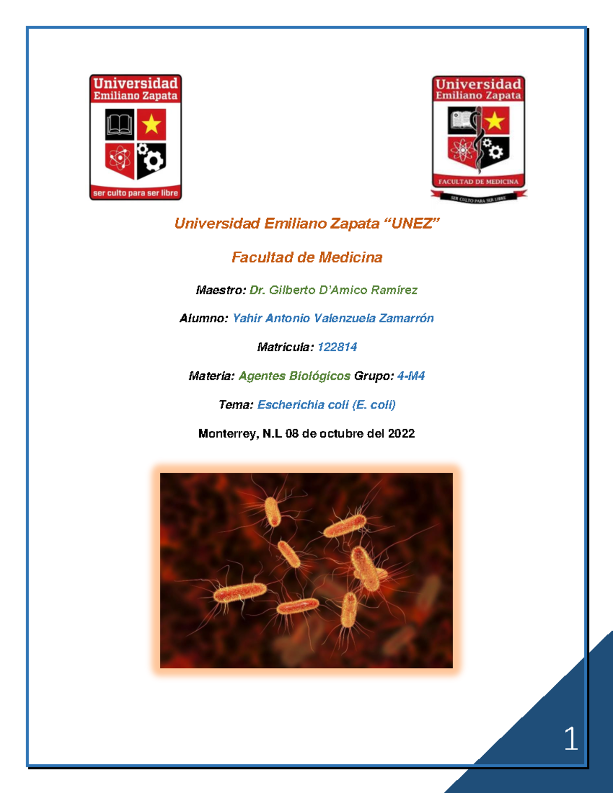 E. coli resumen - Universidad Emiliano Zapata “UNEZ” Facultad de ...