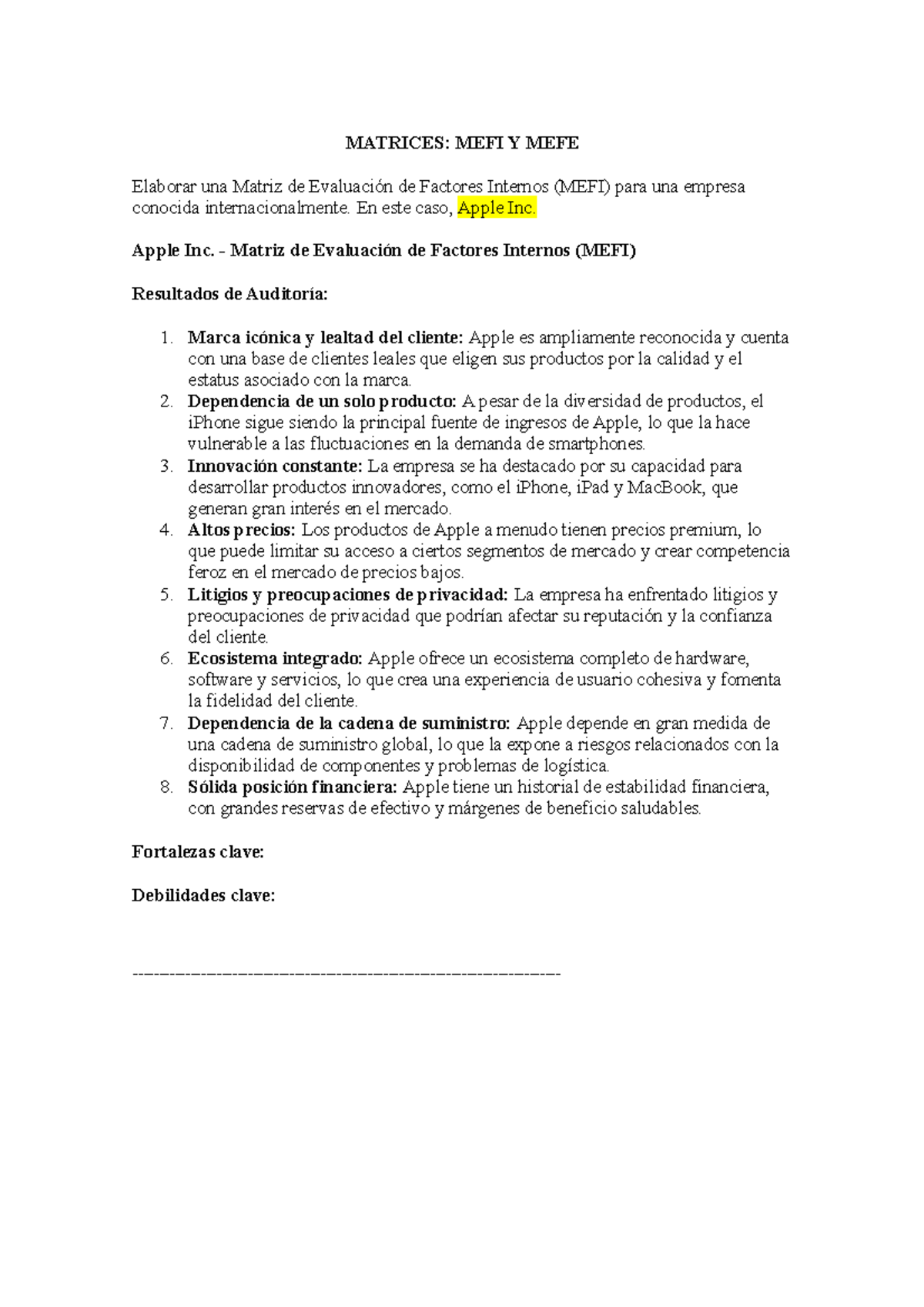 Matrices EFE Y EFI - MATRICES: MEFI Y MEFE Elaborar una Matriz de ...