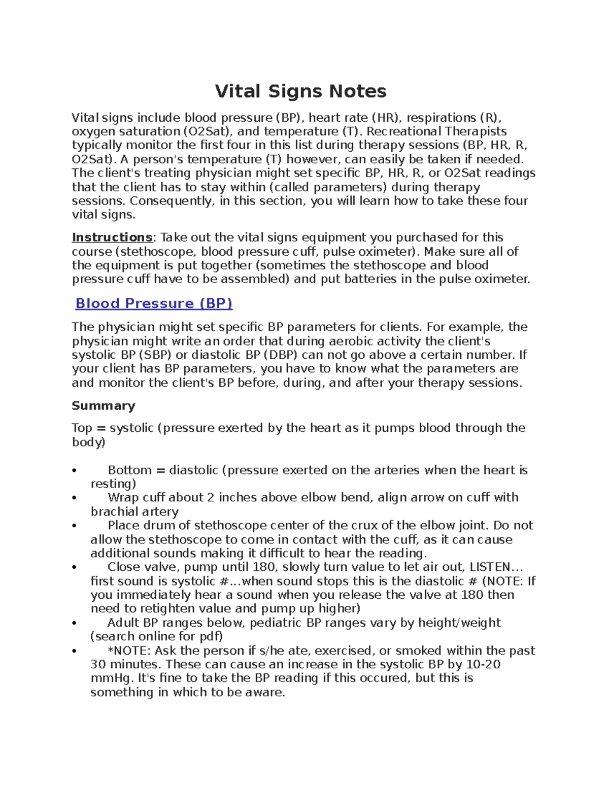 Vital Signs Notes - Vital Signs Notes Vital signs include blood ...