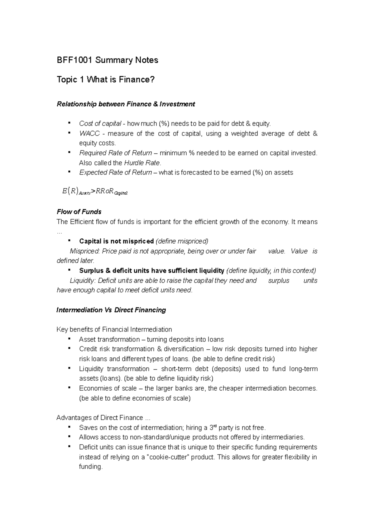 BFF1001 summary notes - BFF1001 - Monash - Studocu