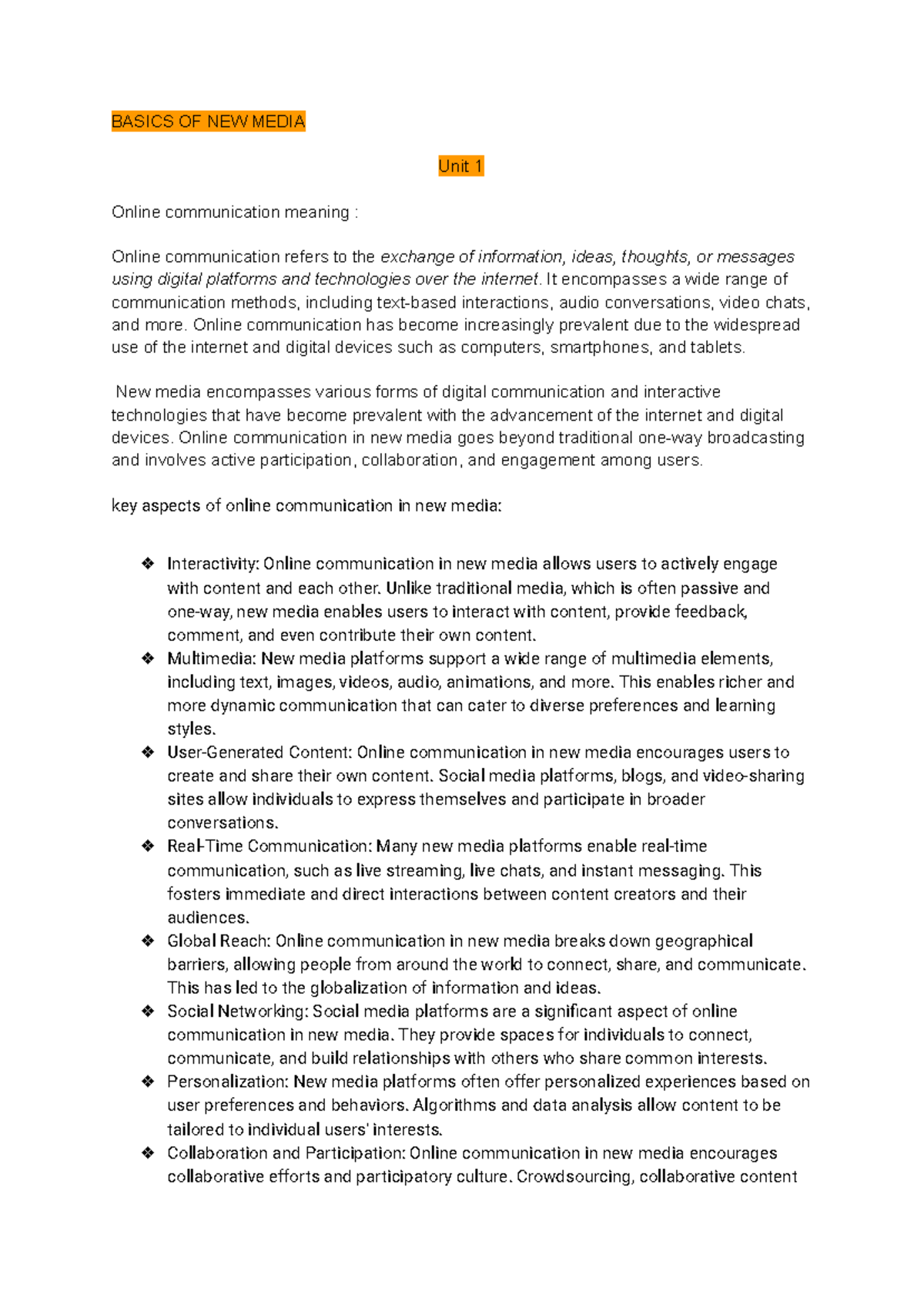 Basics OF NEW Media bnm - BASICS OF NEW MEDIA Unit 1 Online ...