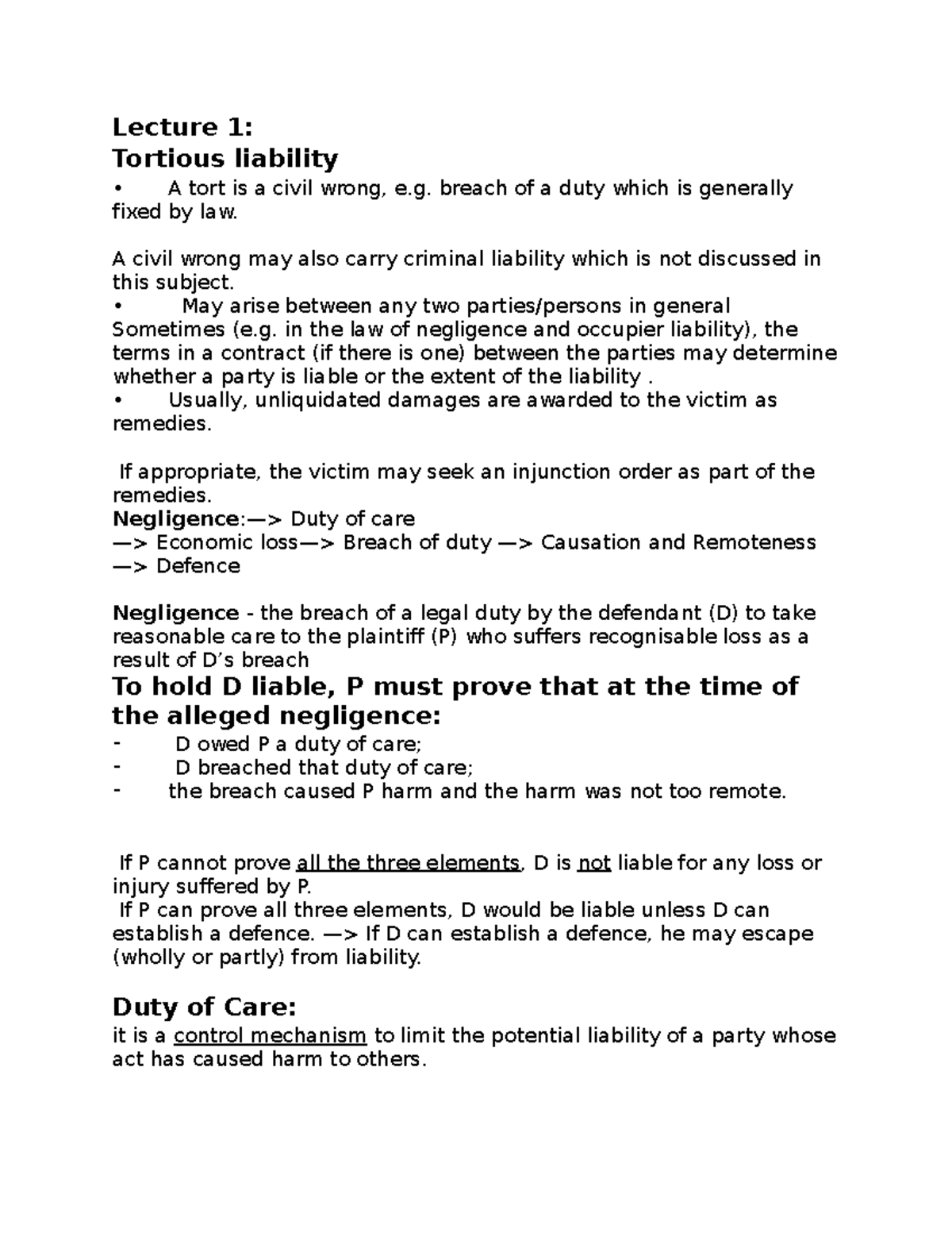 Tort law from space - Lecture 1: Tortious liability A tort is a civil ...