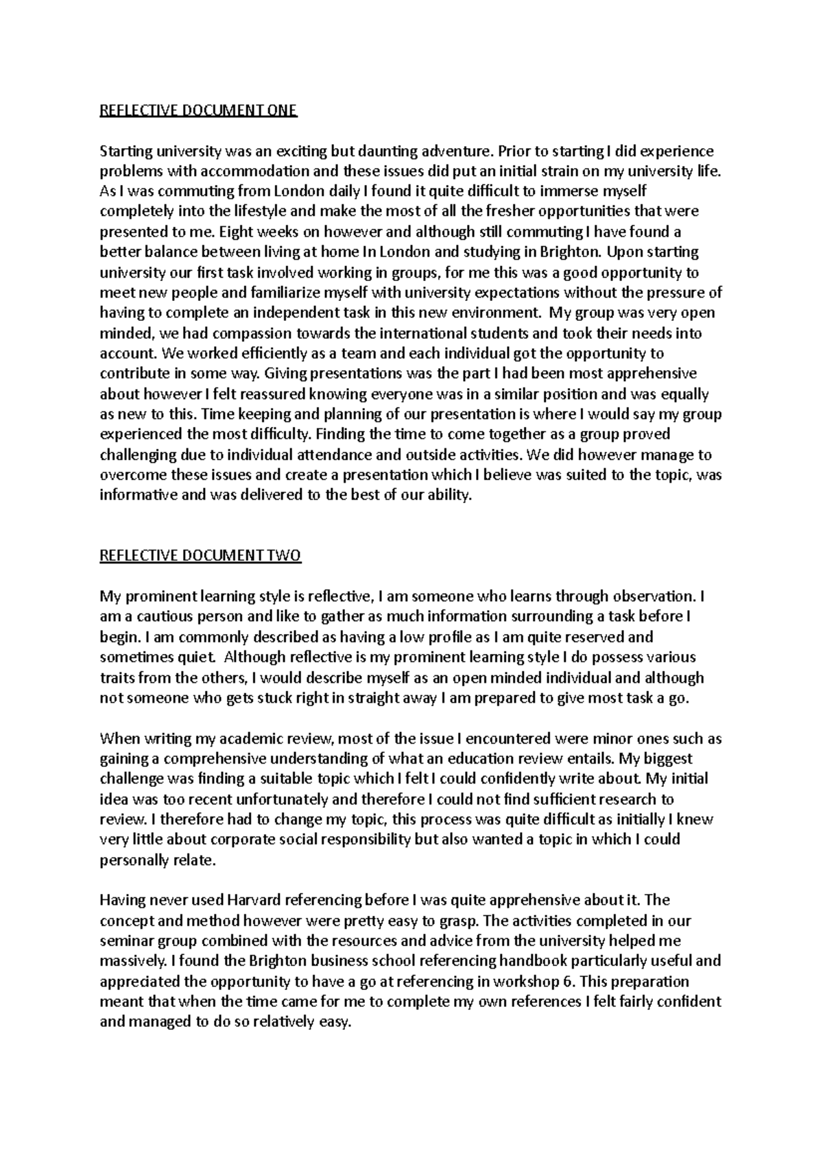 Reflective Documents - REFLECTIVE DOCUMENT ONE Starting university was ...