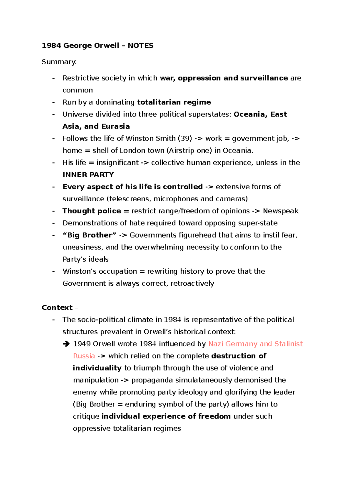 1984 George Orwell Notes - 1984 George Orwell – NOTES Summary ...