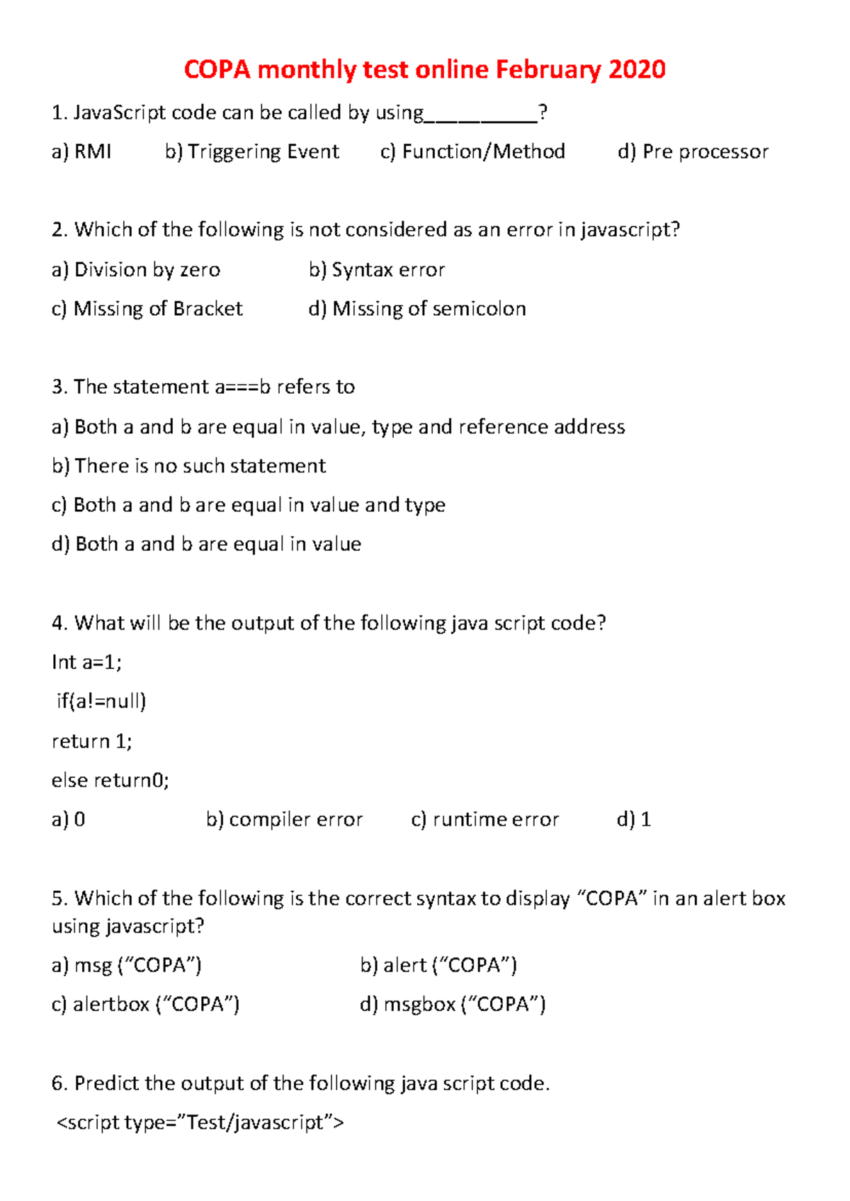 COPA monthly test question paper February 2020 - COPA monthly test ...