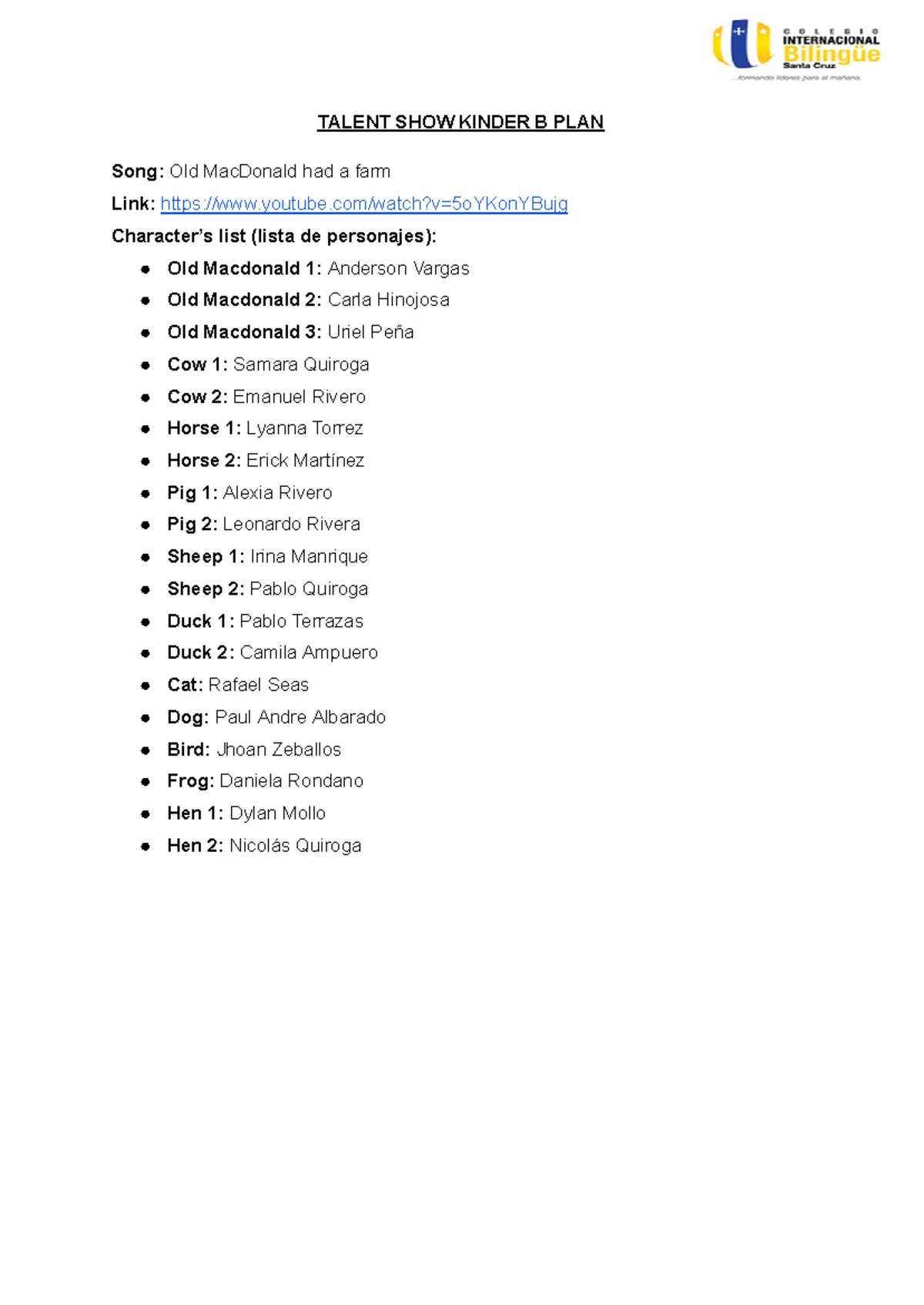 Talent SHOW Script Kinder B - TALENT SHOW KINDER B PLAN Song: Old ...