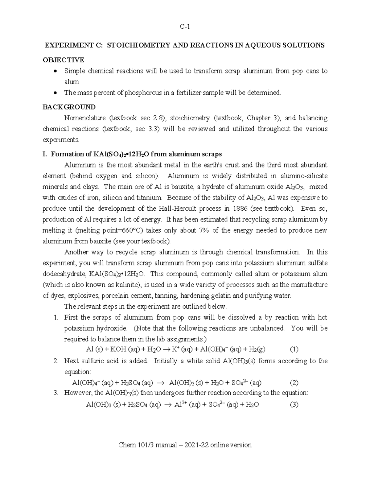 Lab C - POST LAB REPORT EXPERIMENT C - EXPERIMENT C: STOICHIOMETRY AND ...