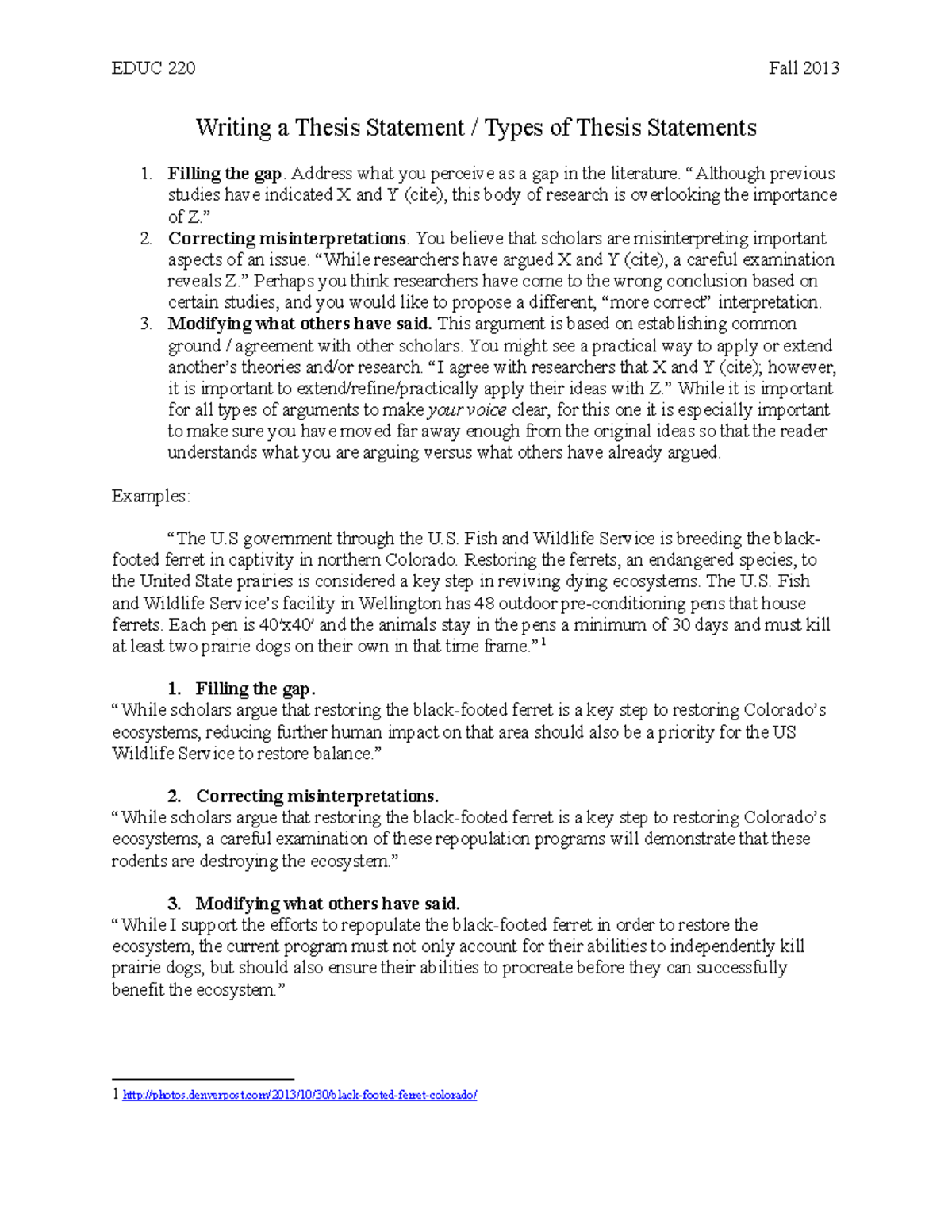 Thesis statement handout - EDUC 220 Fall 2013 Writing a Thesis ...