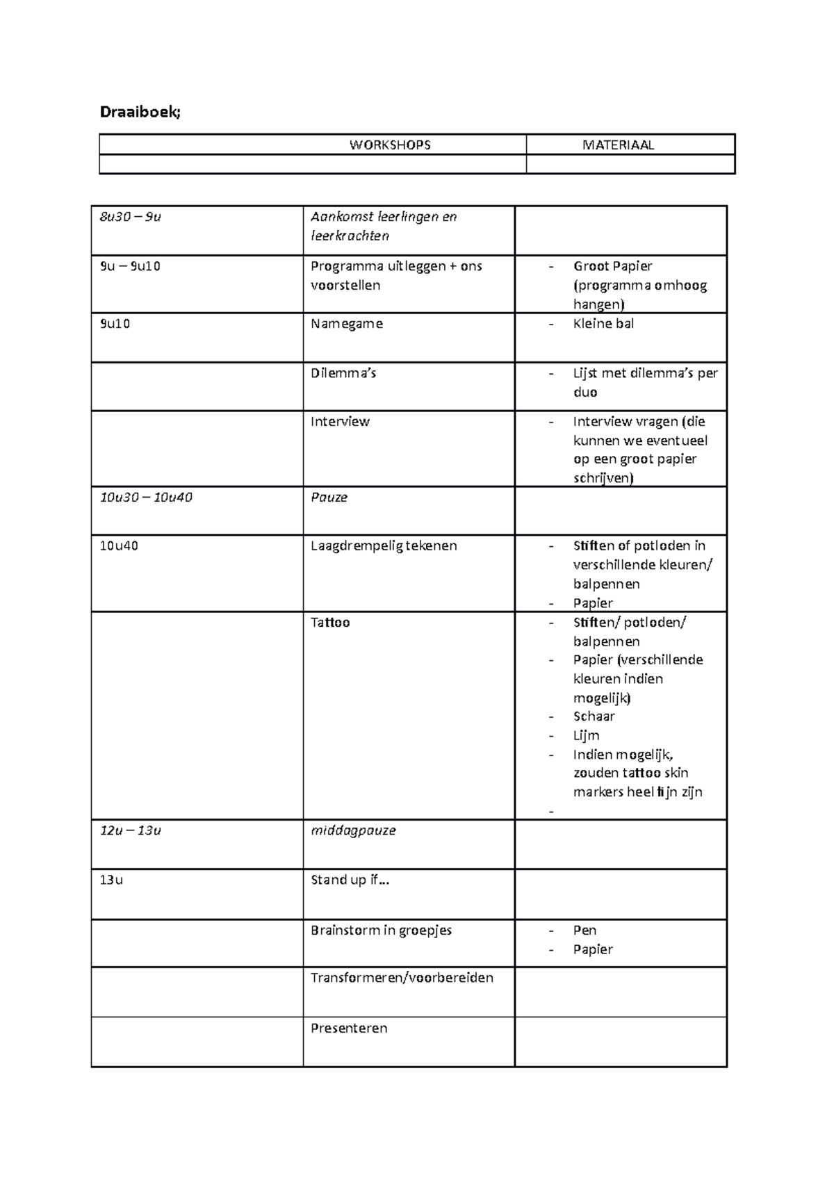 Draaiboek Diversi date 15 03 - Draaiboek; WORKSHOPS MATERIAAL 8u30 – 9u ...