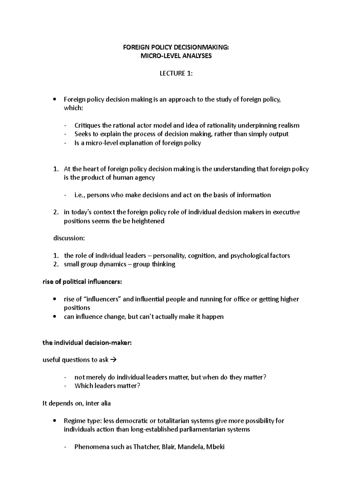 Week 2 notes - Political Science 252 - FOREIGN POLICY DECISIONMAKING ...