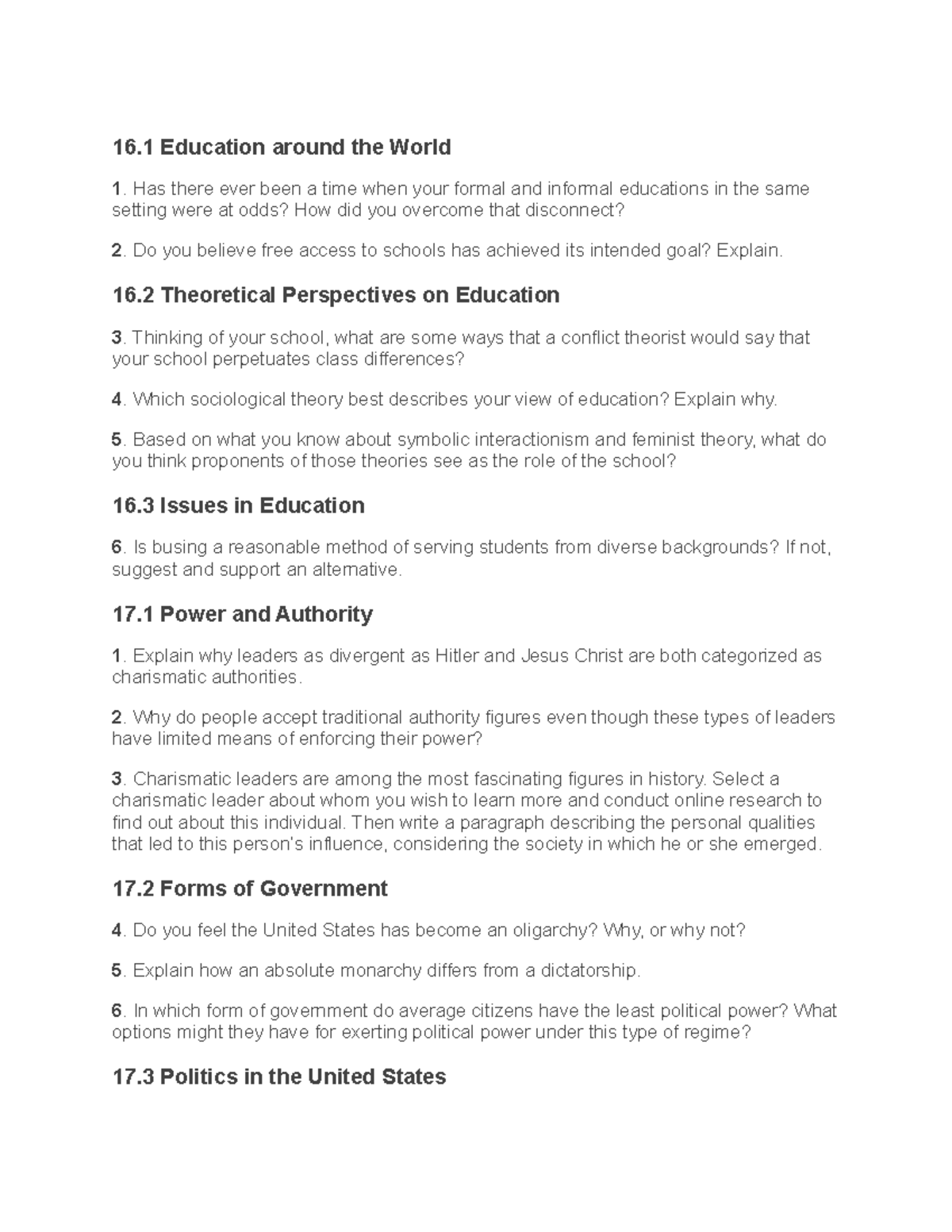 Chapters 16-18 Short Answer Questions Without Answers - 16 Education ...