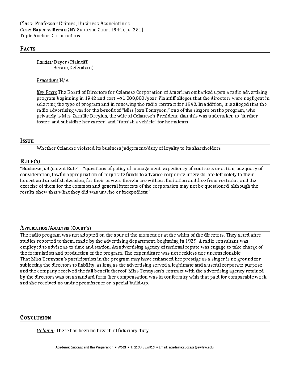 Bayer v. Beran - Case Brief - Academic Success and Bar Preparation ∙ ...