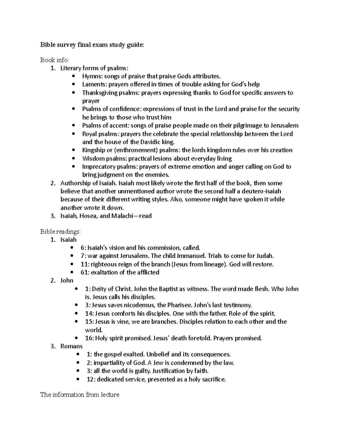 BS final exam study guide - Bible survey final exam study guide: Book ...