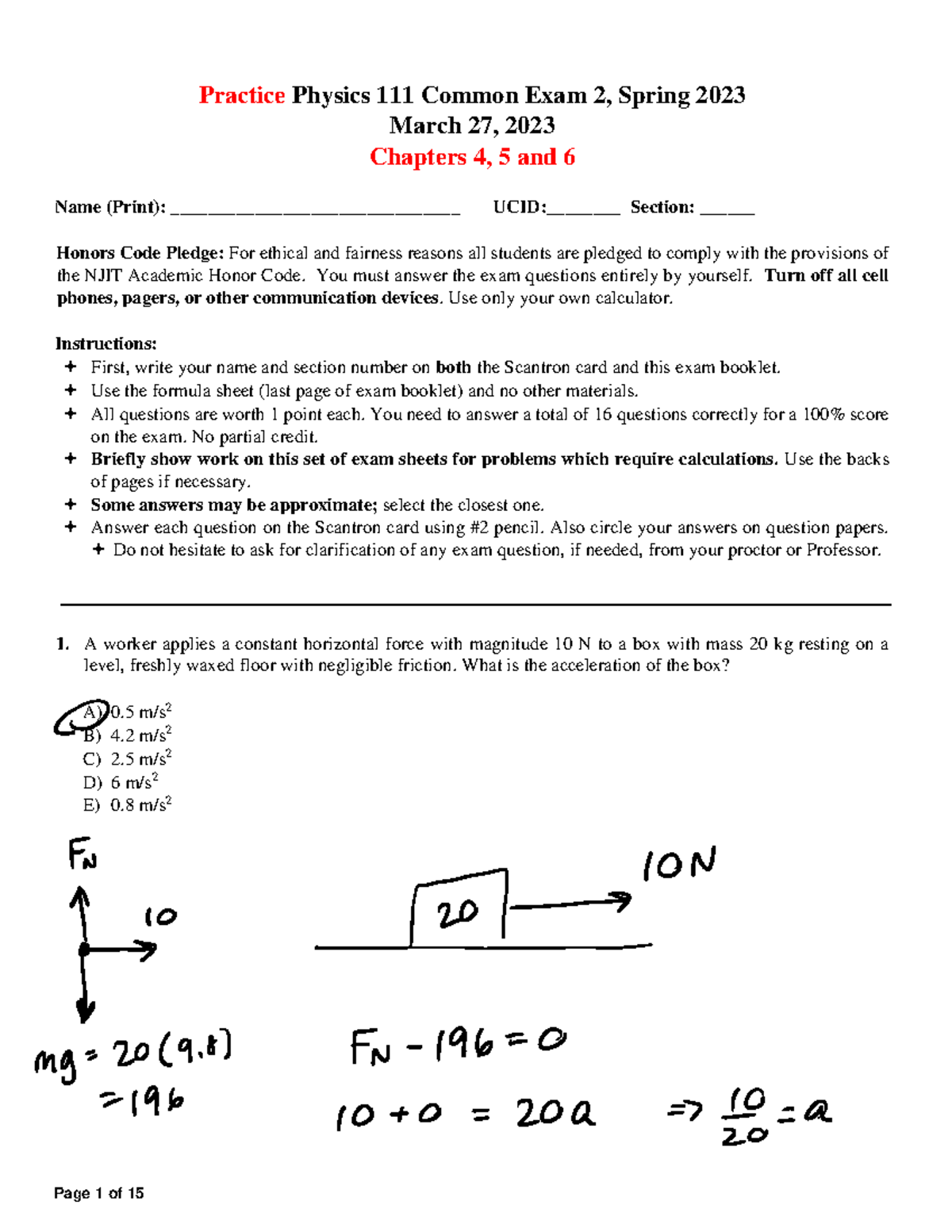 Practice Exam, Physics 111, Common Exam 2, Spring 2023 Solutions ...