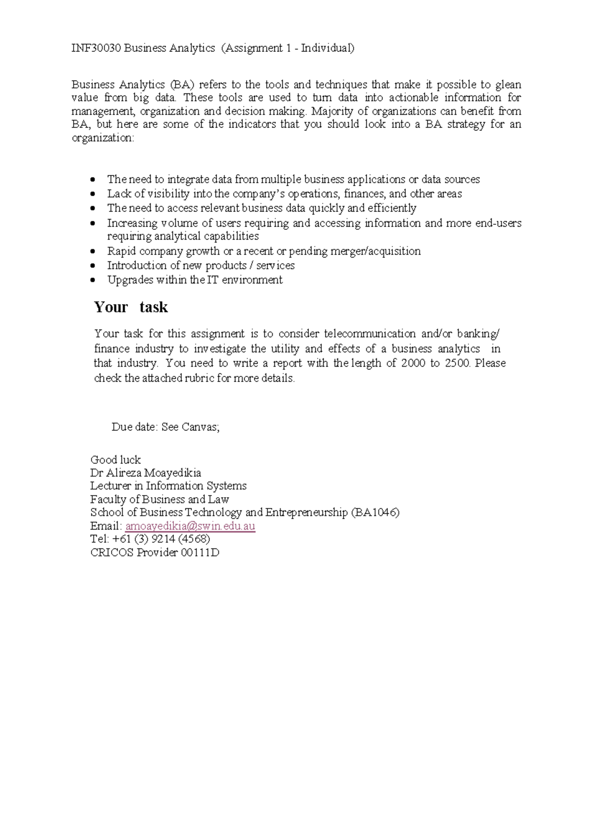 INF30030 Assignment 1-1 - INF30030 Business Analytics (Assignment 1 - Individual) Business ...