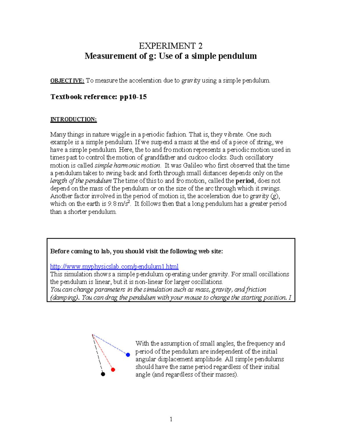 Exp 2 - lab report - EXPERIMENT 2 Measurement of g: Use of a simple ...