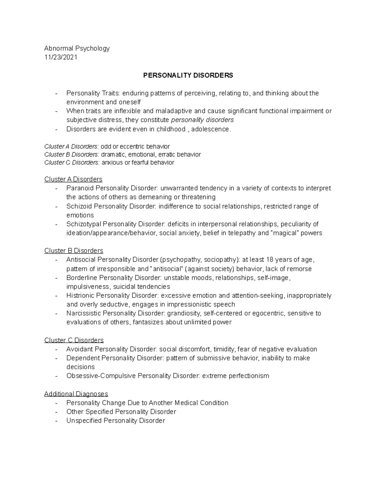 AP Notes 11 23 - Abnormal Psychology 11/23/ PERSONALITY DISORDERS ...