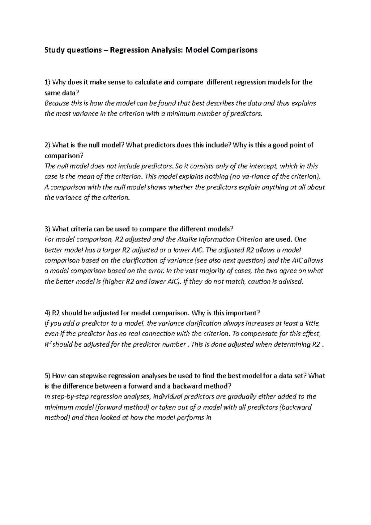 Study questions 16 - Comparing different models - Study questions – Regression Analysis: Model ...