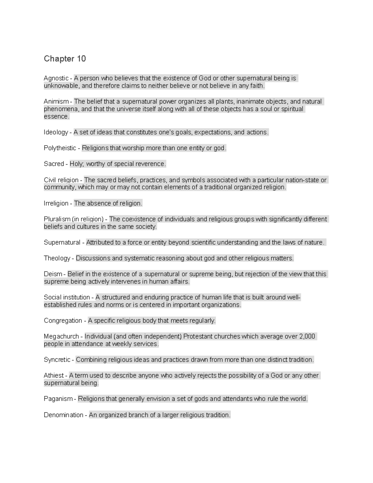 Sociology Chapter 10 Vocab - Chapter 10 Agnostic - unknowable, and ...