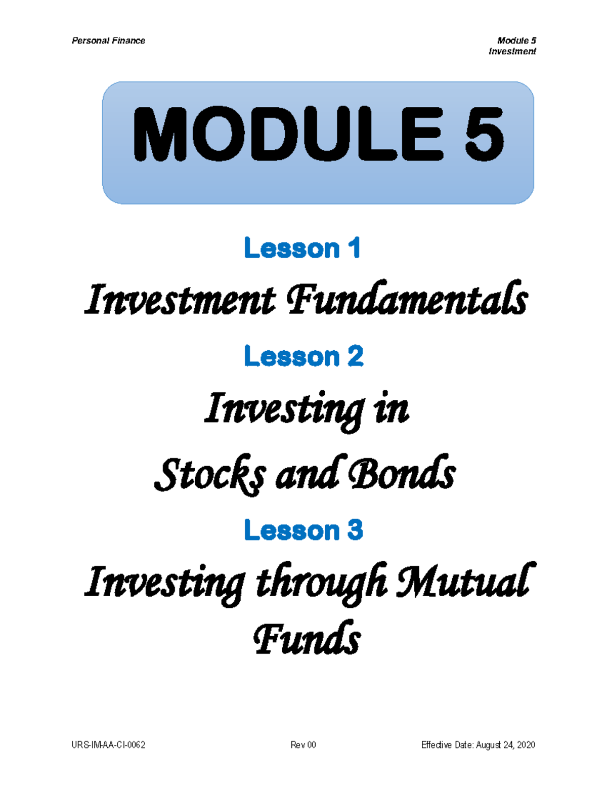 Module 5 Lesson 1-3 - Investment Lesson 1 Investment Fundamentals ...