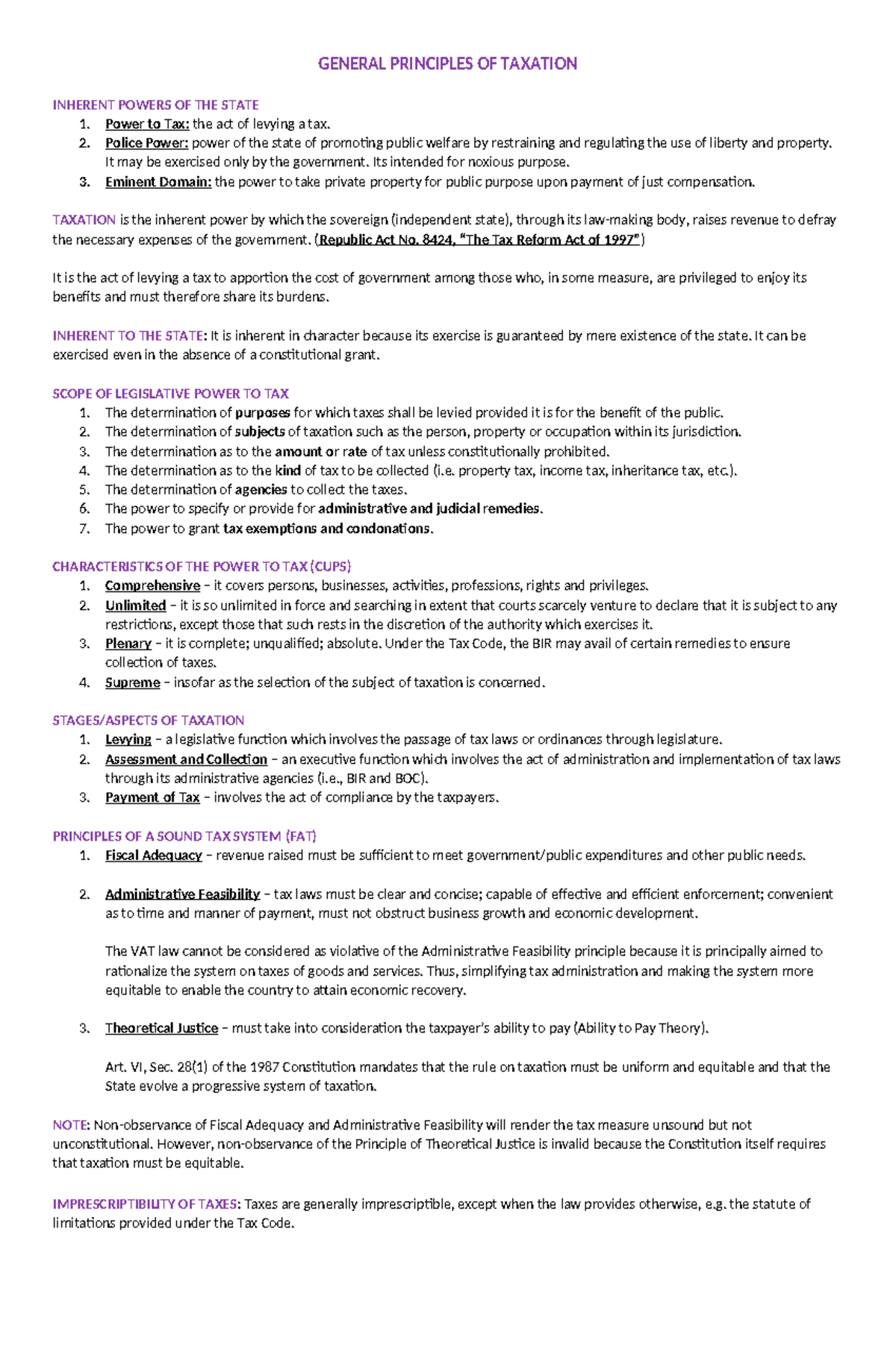 Bainctax Notes (REAL) - GENERAL PRINCIPLES OF TAXATION INHERENT POWERS ...