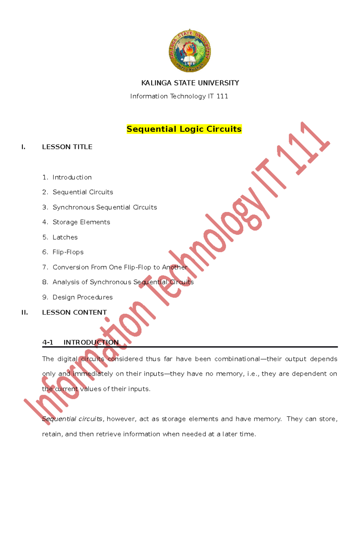 Sequential Logic Circuits - KALINGA STATE UNIVERSITY Information ...
