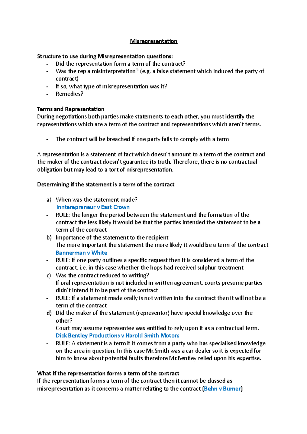Misrepresentation notes - Misrepresentaion Structure to use during ...