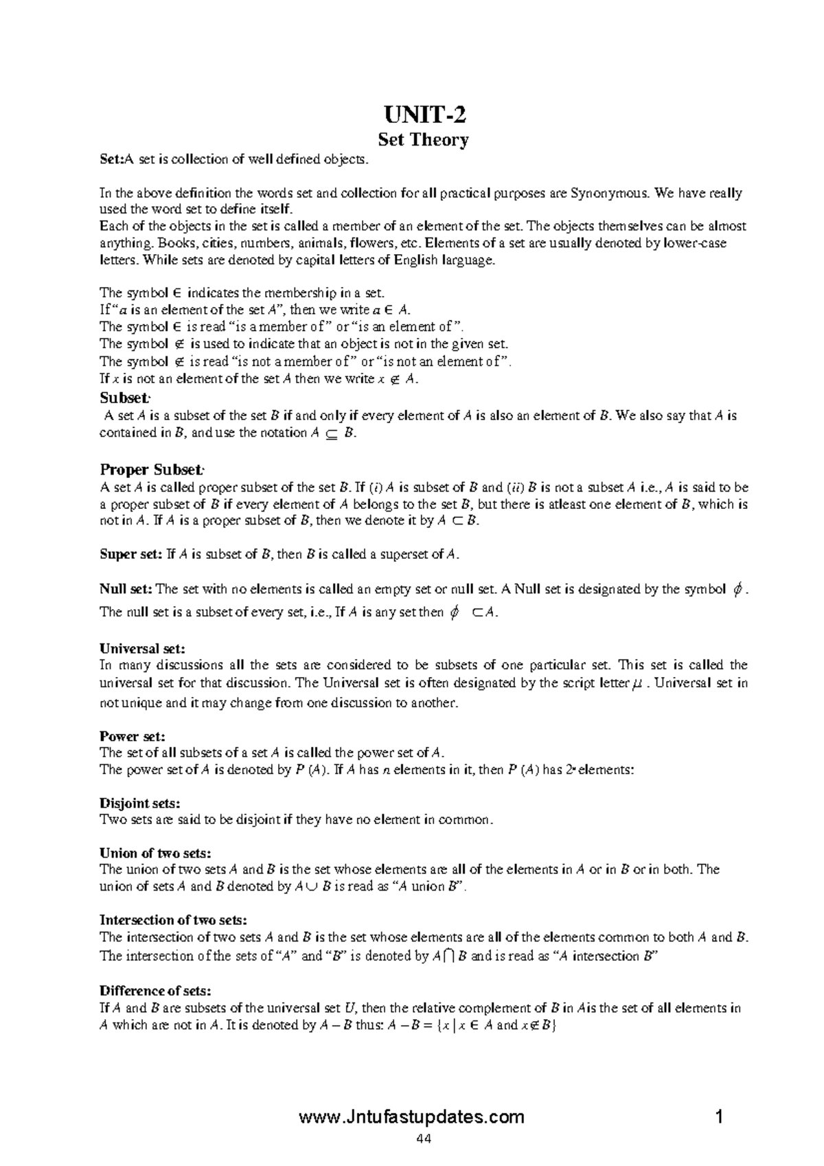 R19 MFCS - UNIT-2 - It's use full - UNIT- Set Theory Set:A set is ...