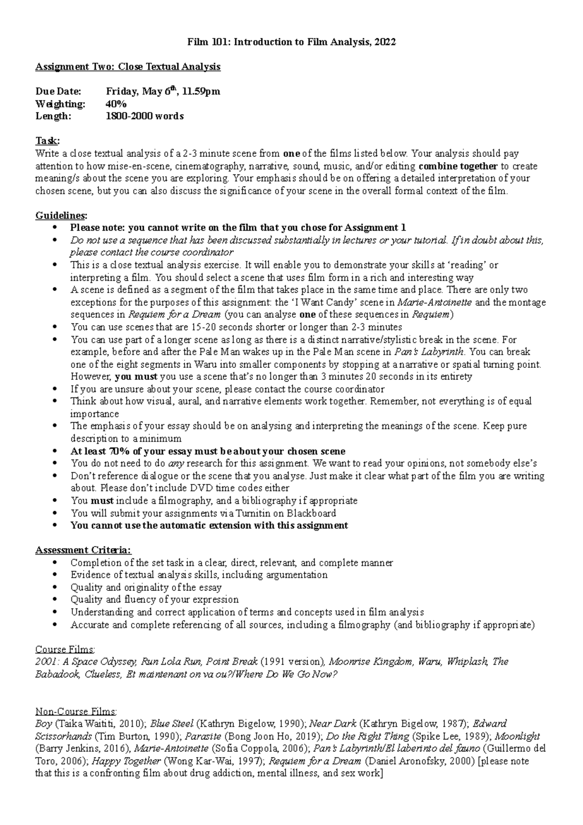FILM101 A2 Instructions 2022 - Film 101: Introduction to Film Analysis ...