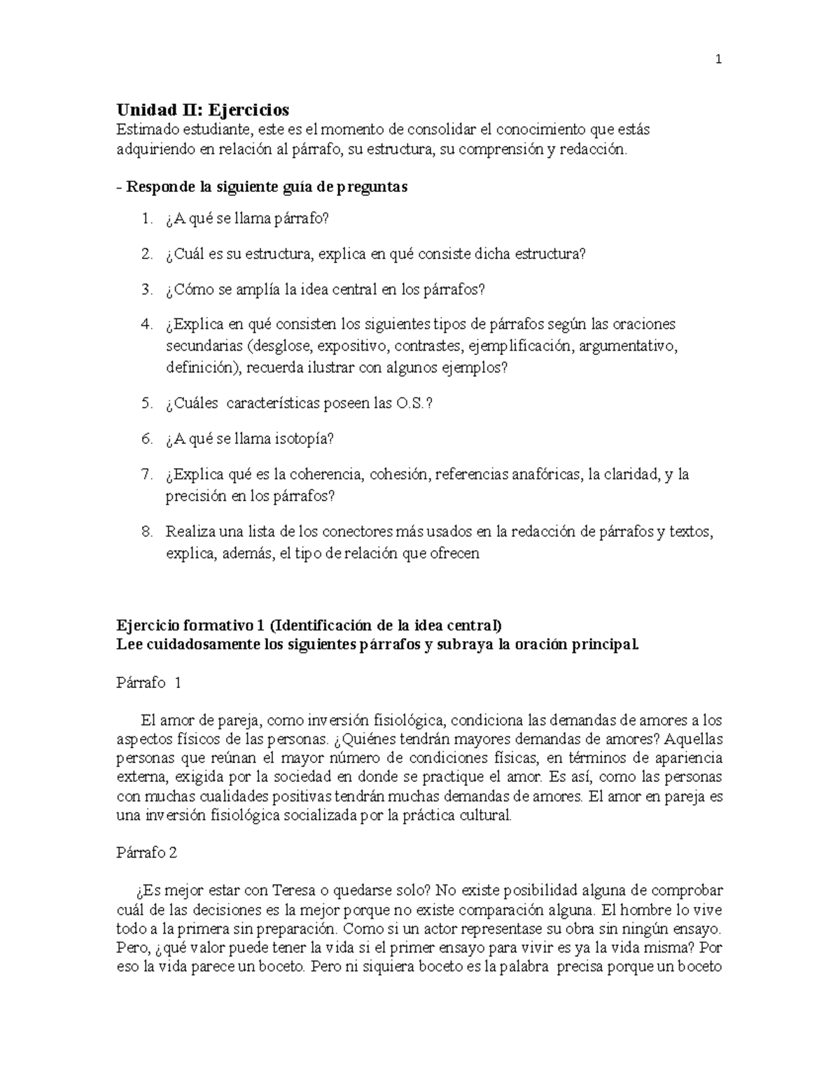 Ejercicios DEL Parrafo Y SUS RESPUESTAS - Unidad II: Ejercicios ...
