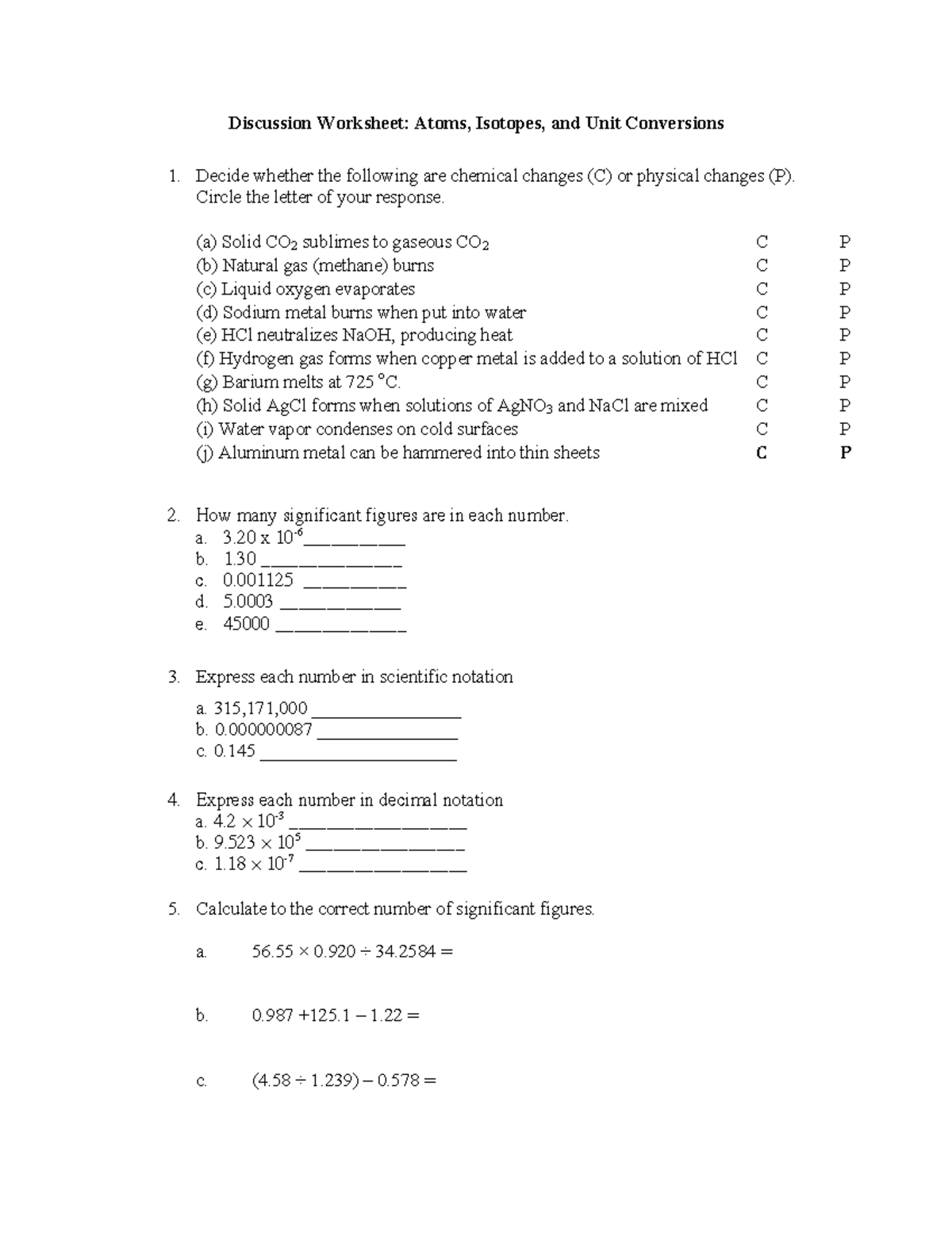Discussion worksheet- Atoms, Isotopes, and Unit Conversions-week1 - Discussion Worksheet: Atoms ...
