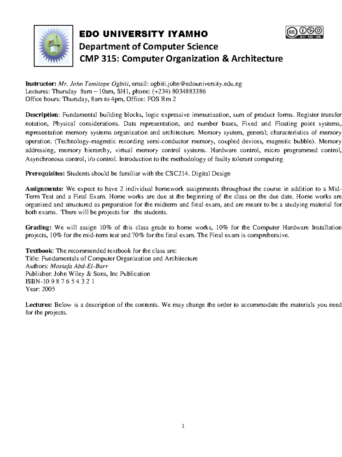 Cmp 315 computer organization architecture 2018 2019 - EDO UNIVERSITY IYAMHO Department of ...