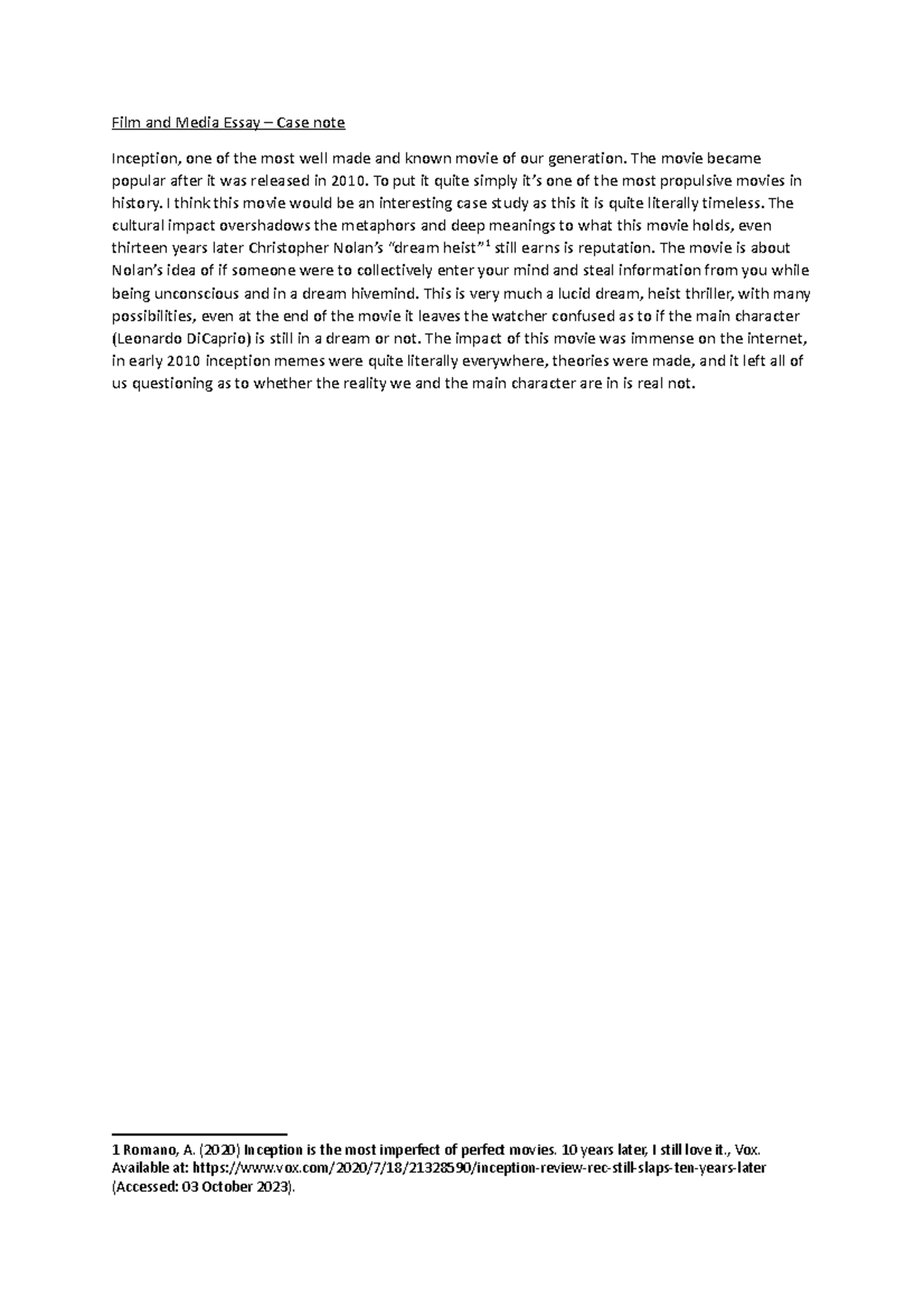 Film and media Case note - Film and Media Essay – Case note Inception ...