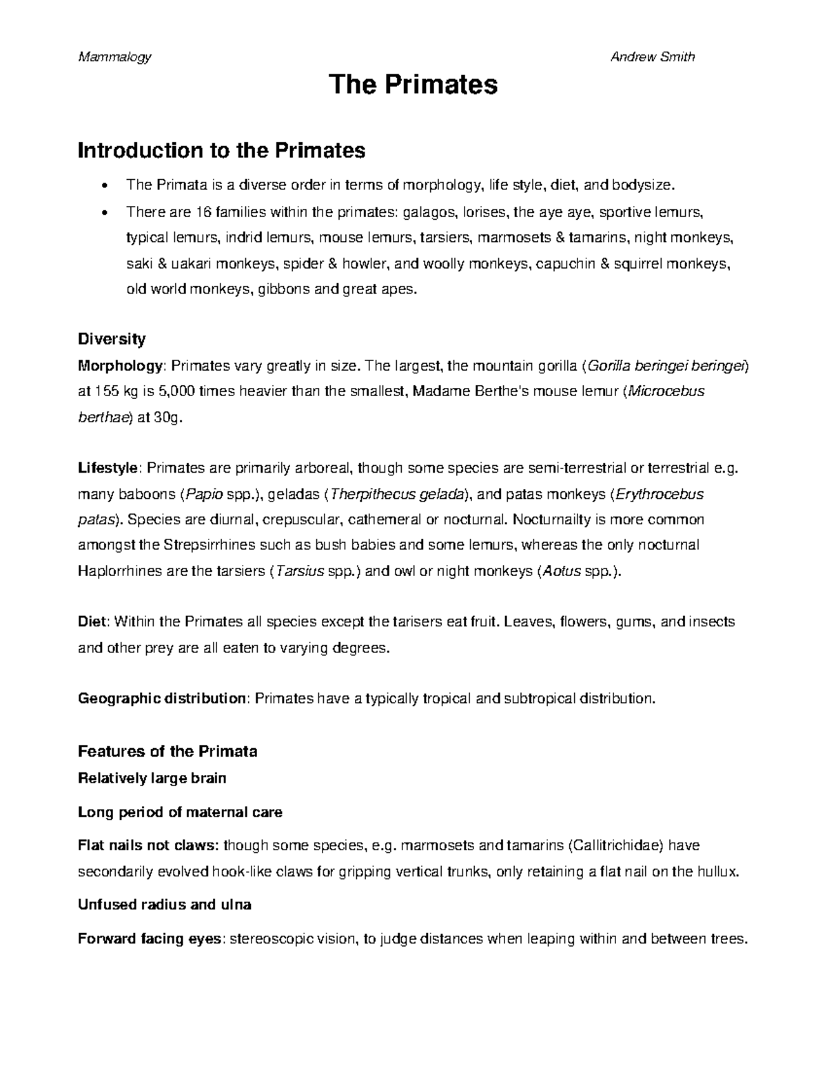 Primates Lecture Notes-1 - The Primates Introduction to the Primates ...