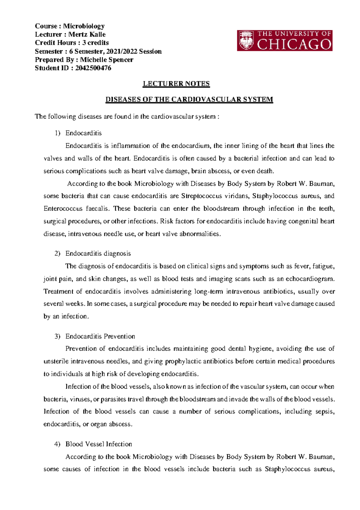 Lecturer Notes Diseases Of The Cardiovascular System Microbiology ...
