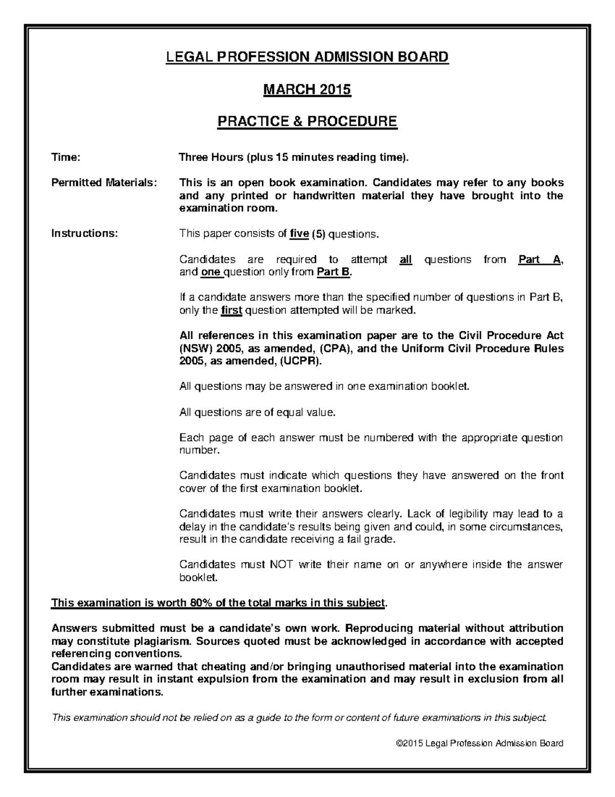 15 - Practice and Proc Exam Paper Mar 2015 - LEGAL PROFESSION ADMISSION ...