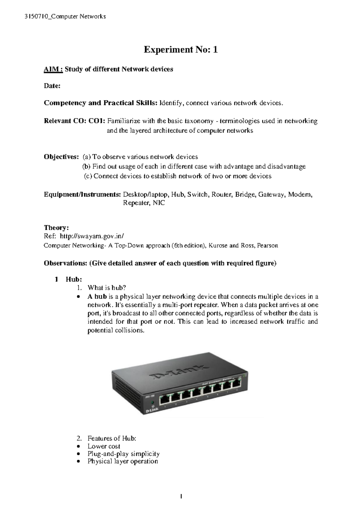 CN 1-9 - Computer network practical with figures - Experiment No: 1 AIM : Study of different ...