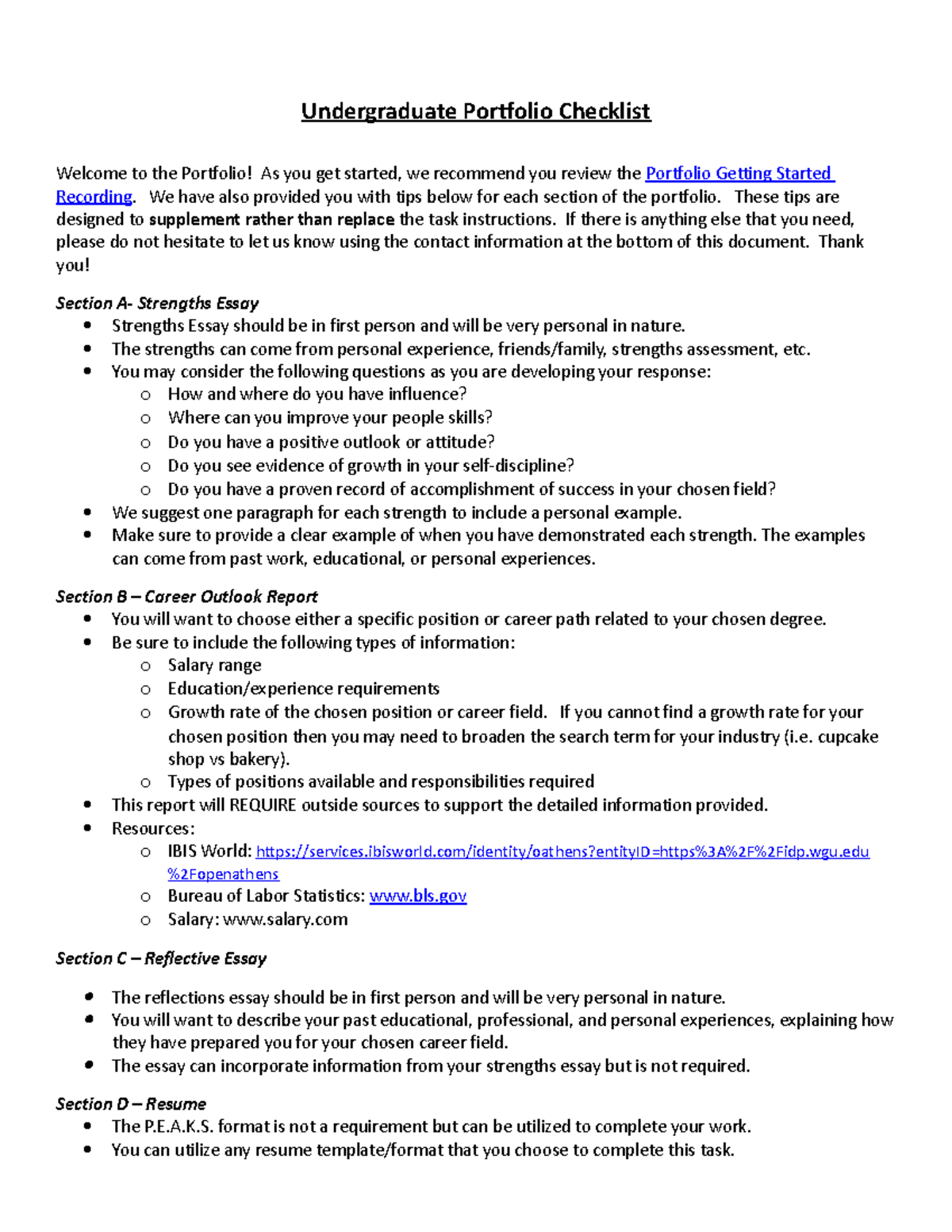 Portfolio Checklist - Undergraduate Portfolio Checklist Welcome to the ...