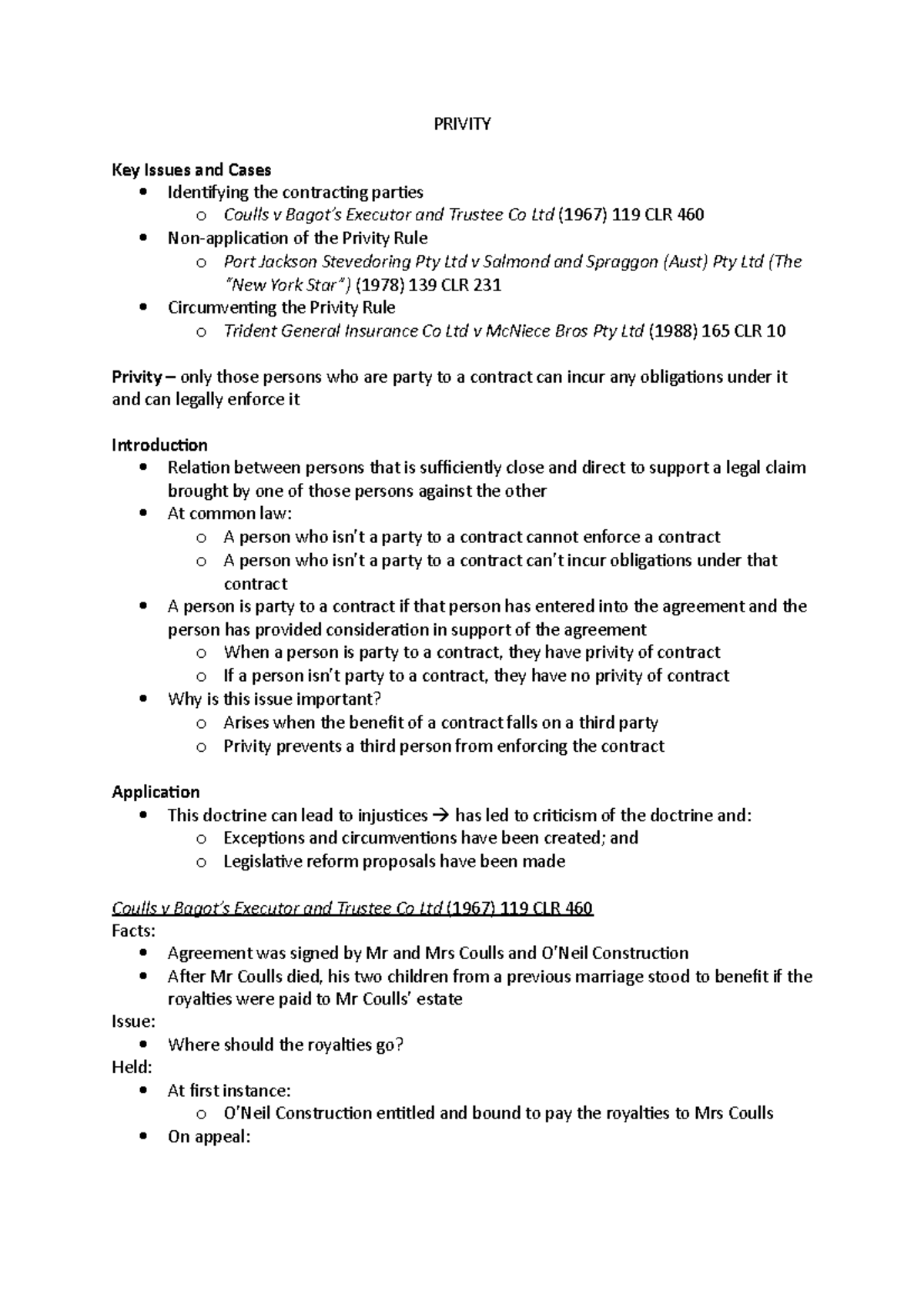 Week 5 - Contracts week 5 notes - PRIVITY Key Issues and Cases ...