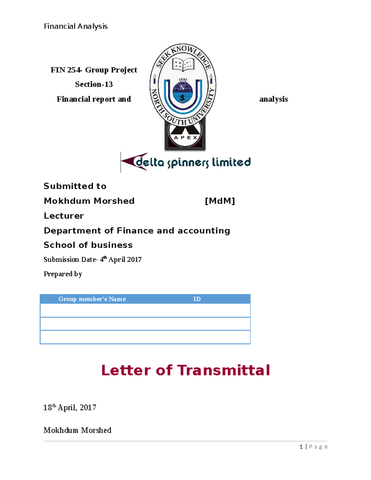 FIN 254 Final report - FIN 254- Group Project Section- Financial report and analysis Submitted ...