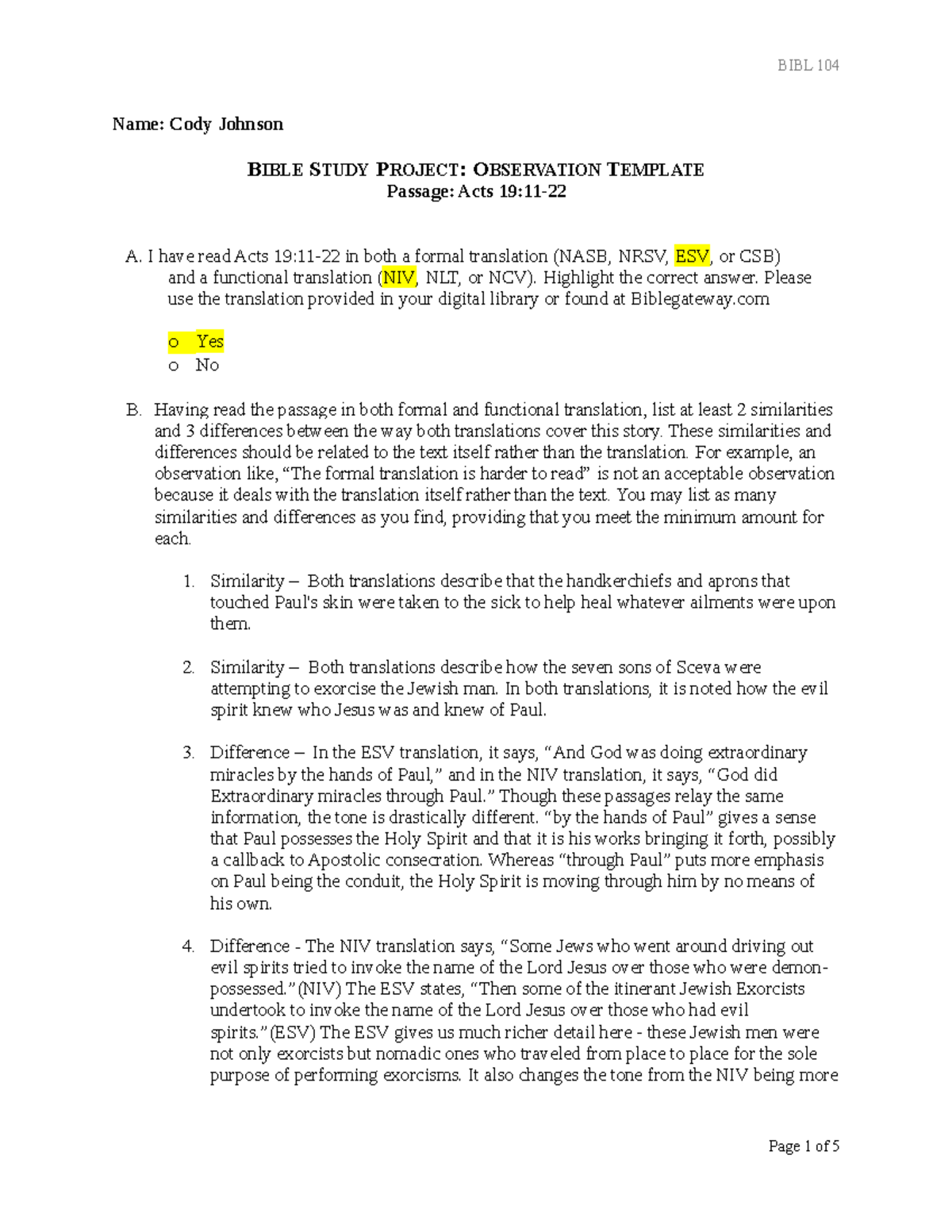Bible Study Project Observation BIBL104 Johnson - Name: Cody Johnson ...