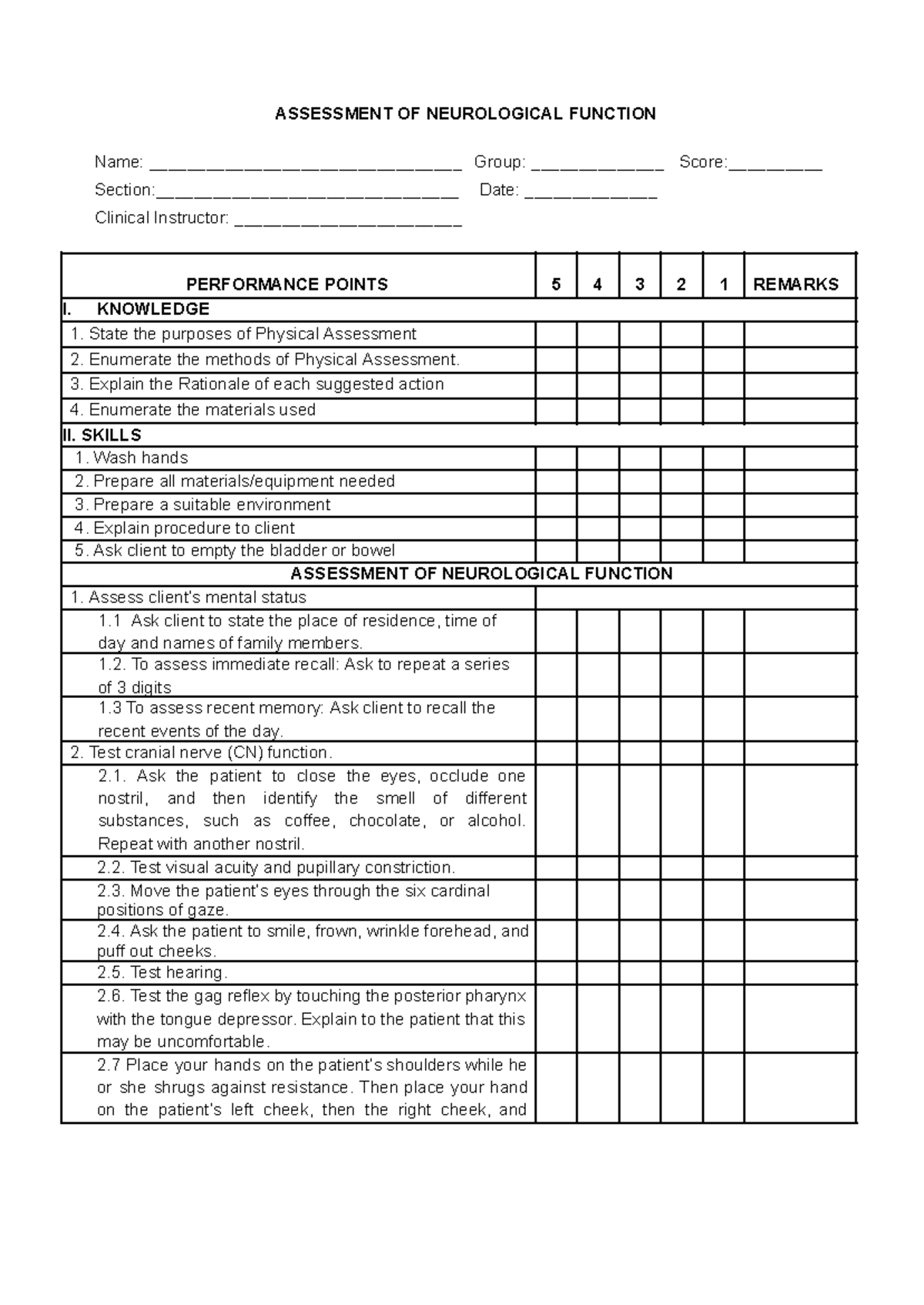 Neuro-assessment-checklist - ASSESSMENT OF NEUROLOGICAL FUNCTION Name ...