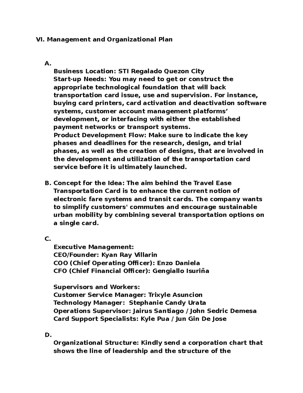 CHAP 6 - awdad - VI. Management and Organizational Plan A. Business ...