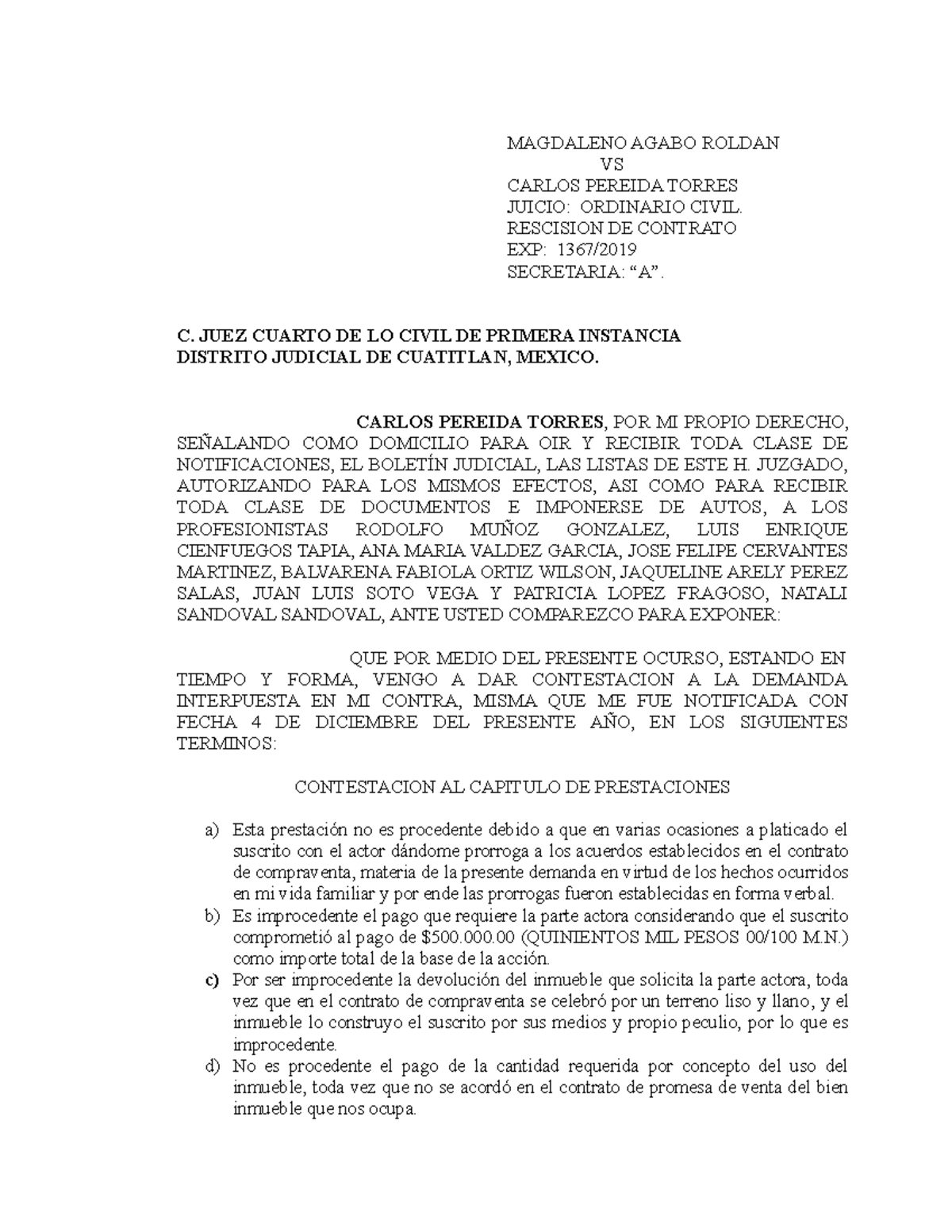 Contestacion Carlos Pereida - MAGDALENO AGABO ROLDAN VS CARLOS PEREIDA ...
