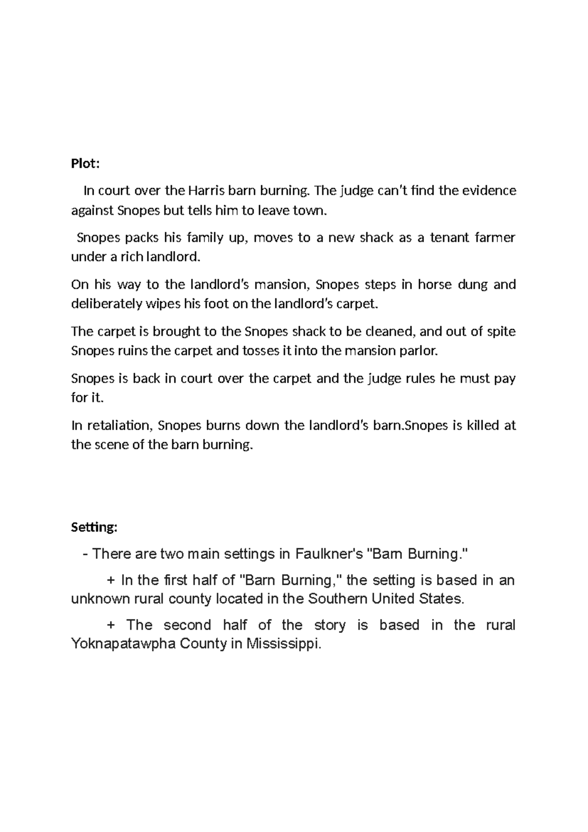 Plot and setting - plot - Plot: In court over the Harris barn burning ...