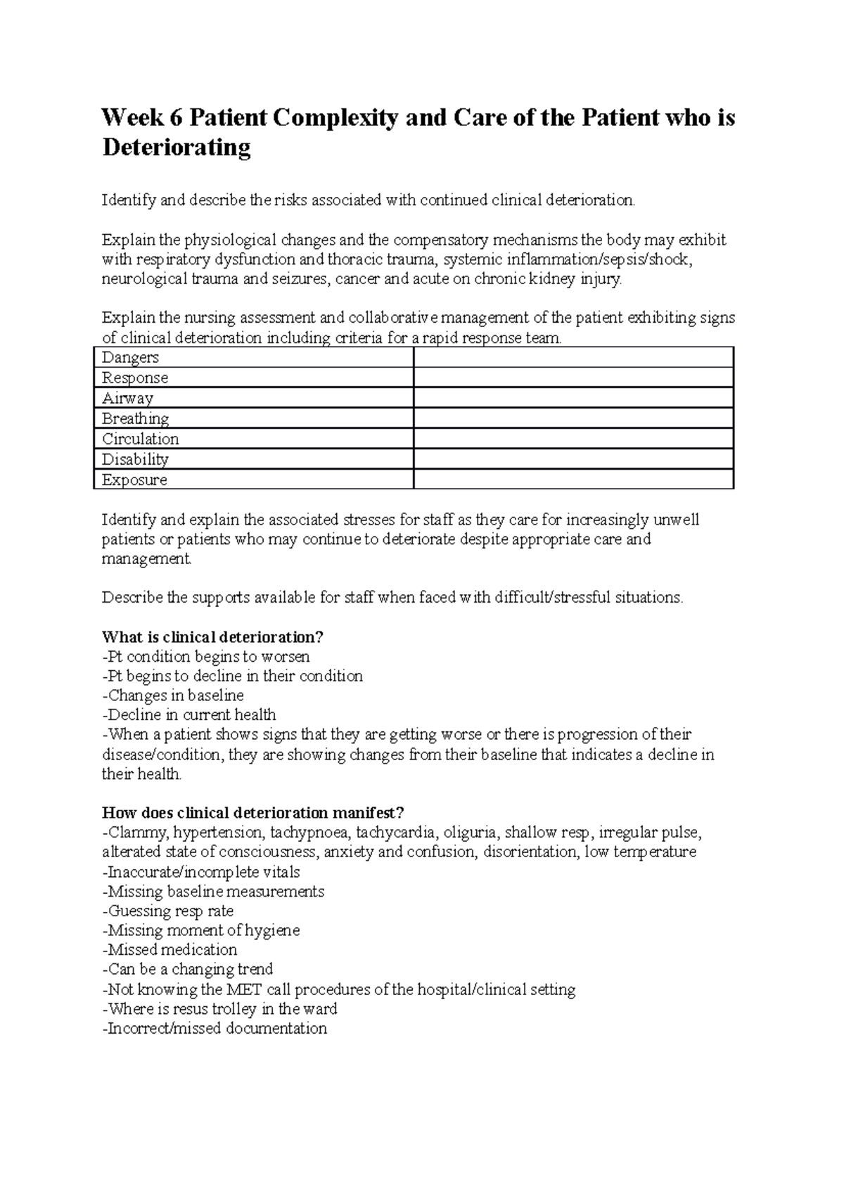 Week 6 Patient Complexity and Care of the Patient who is Deteriorating ...