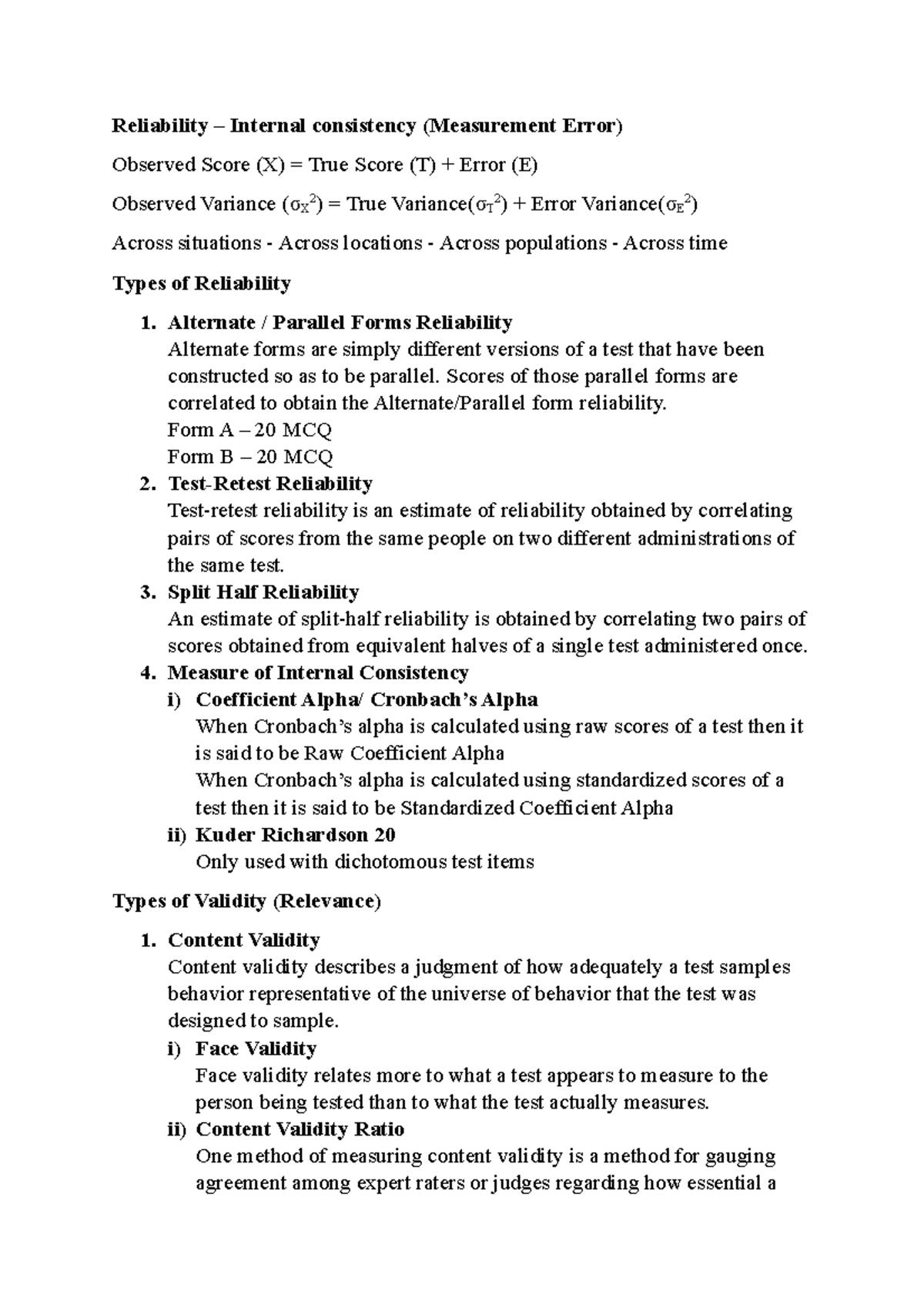 Reliability and Validity - Reliability – Internal consistency (Measurement Error) Observed Score ...
