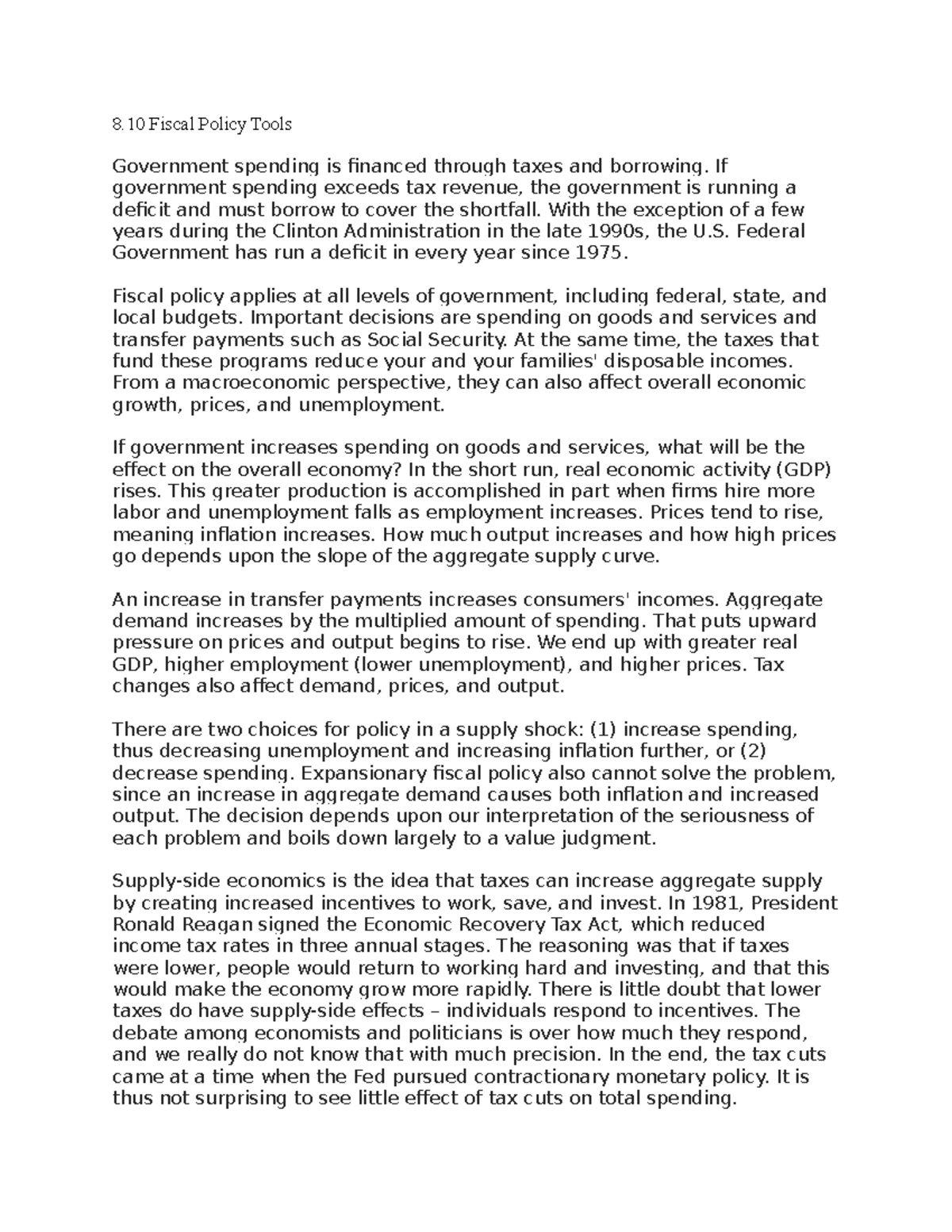 Fiscal policy and tax changes notes - 8 Fiscal Policy Tools Government ...